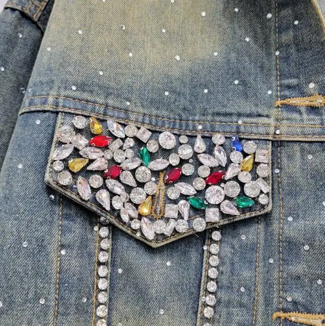 Retro Color Diamond Denim Jacket 2024 Spring Rhinestone Loose Long ...