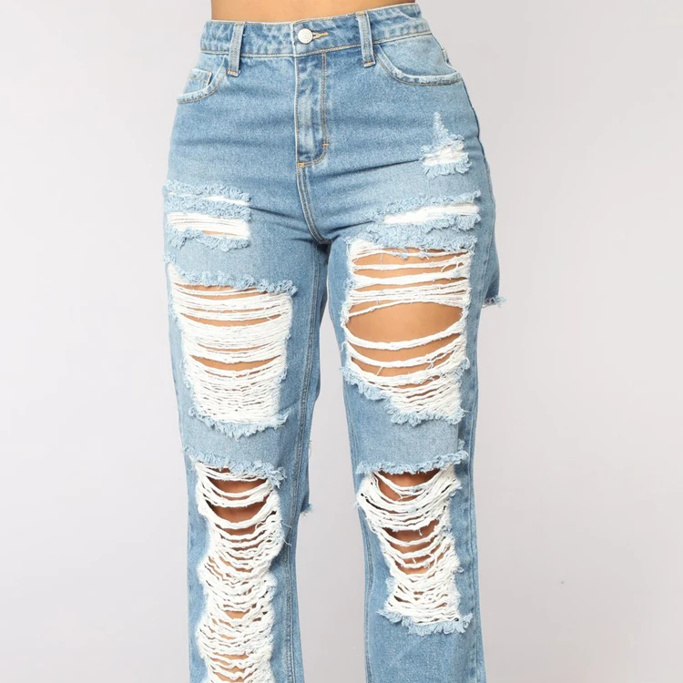 High Waist Ripped Distressed Denim Jeans for Women - Soft Light Blue ...