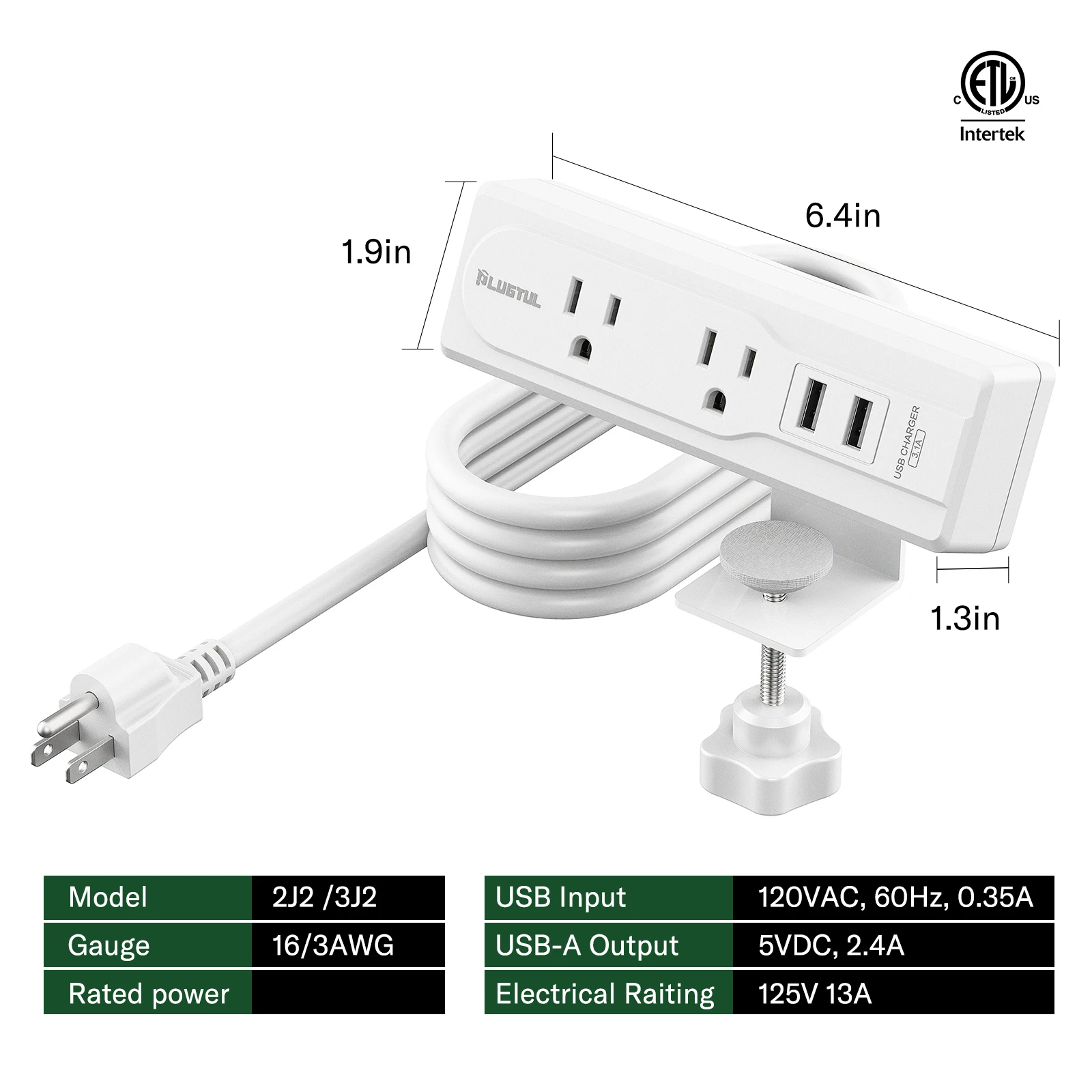 2 Outlets 13A 125V 1625W Desk Clamp Table Clamp Bedroom Power Strip 2 ...