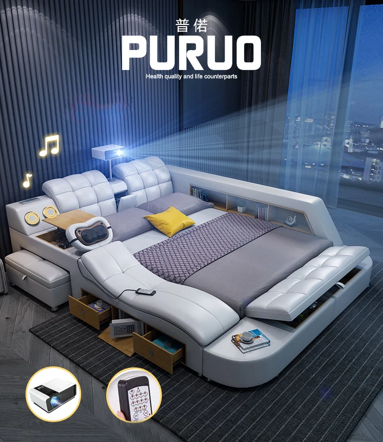 Smart Bed with Multifunctional Leather, Smart Speaker, and Massage