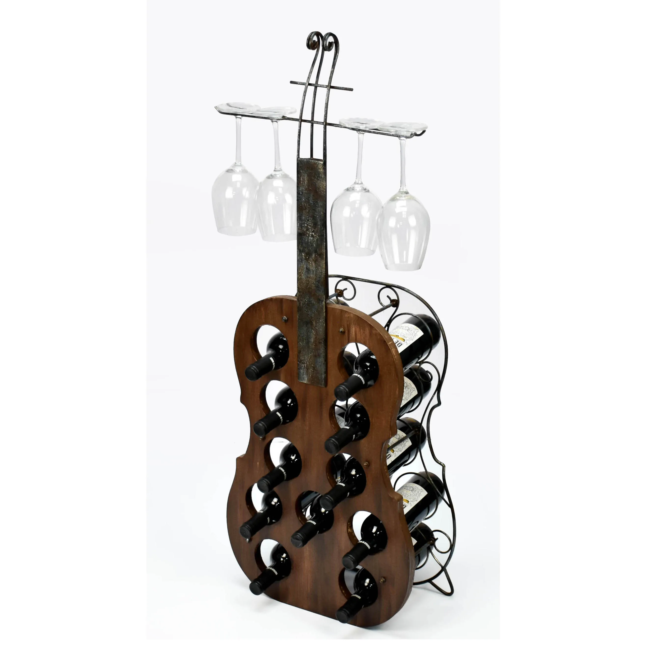 Cello Shape 11 Bottles Decorative Metal Wine Glass Rack Wooden Wine ...