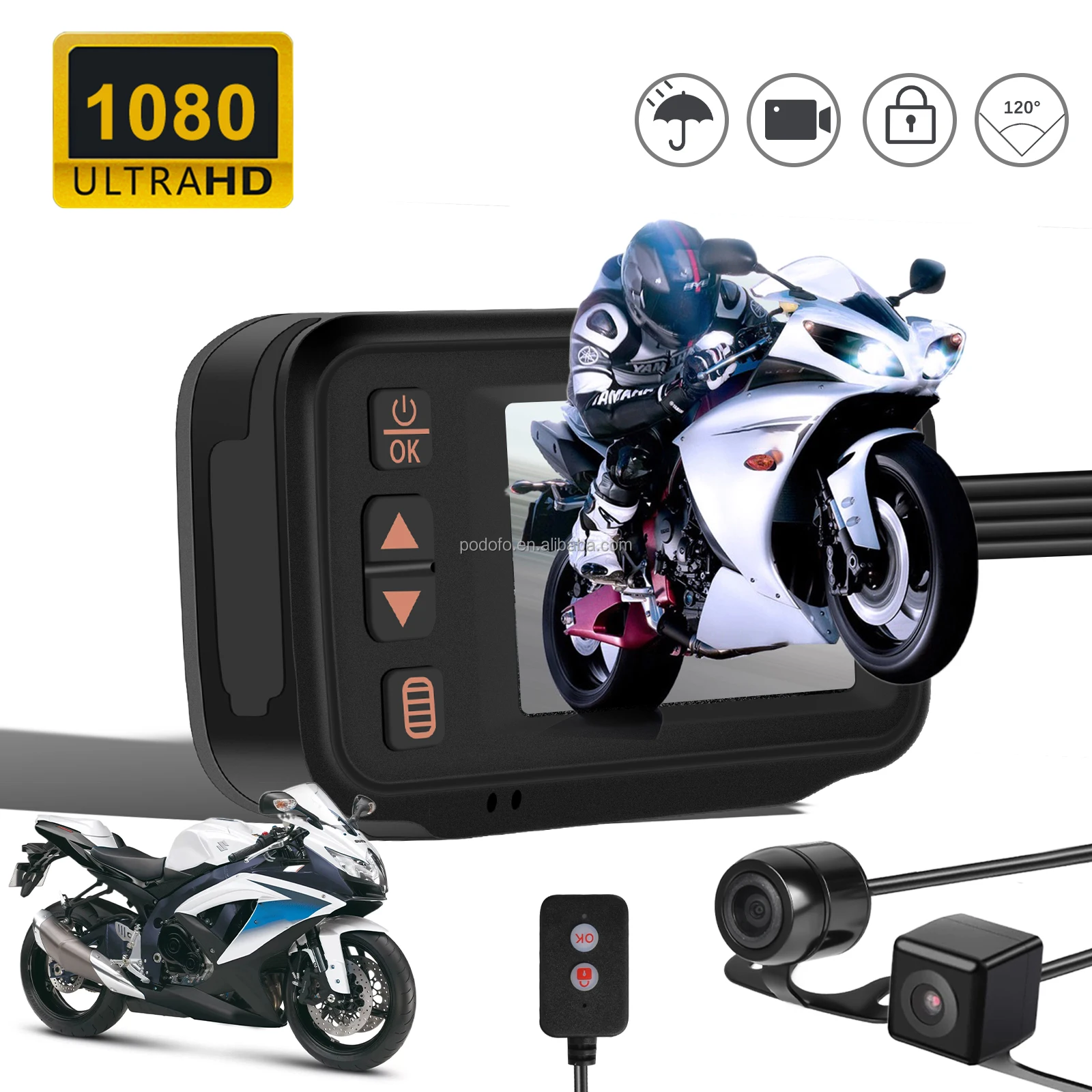 Podofo Motorcycle Dash Cam - Front & Rear IP65 Waterproof DVR