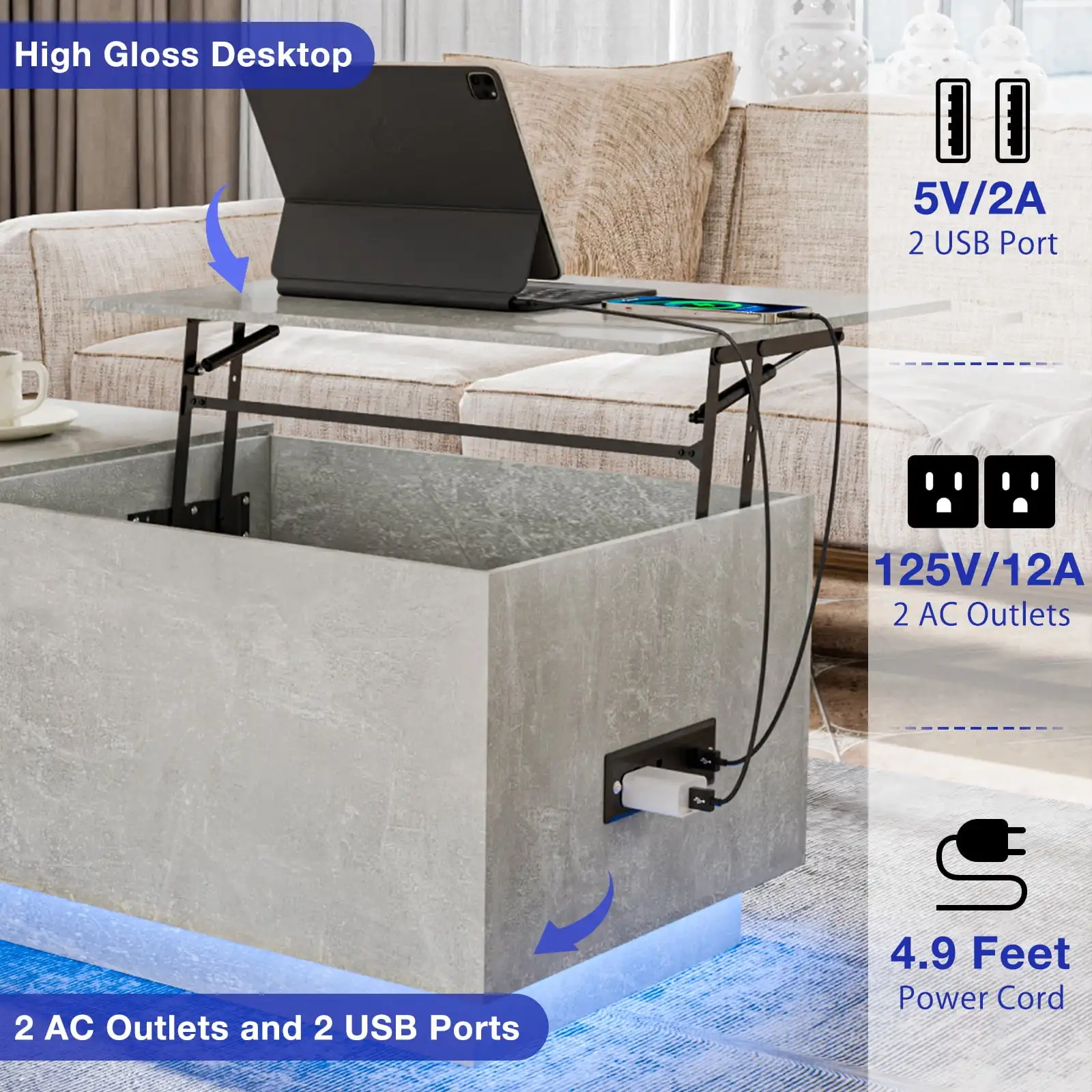 Lift Top Table Led Coffee Table Hidden Compartment And Open Shelf ...