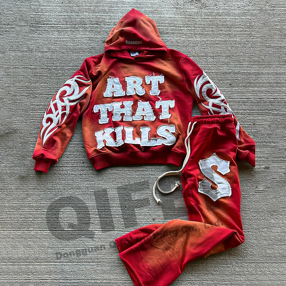 Custom Distressed Embroidery Patch Men Tracksuit Sweatsuit Sun Faded ...