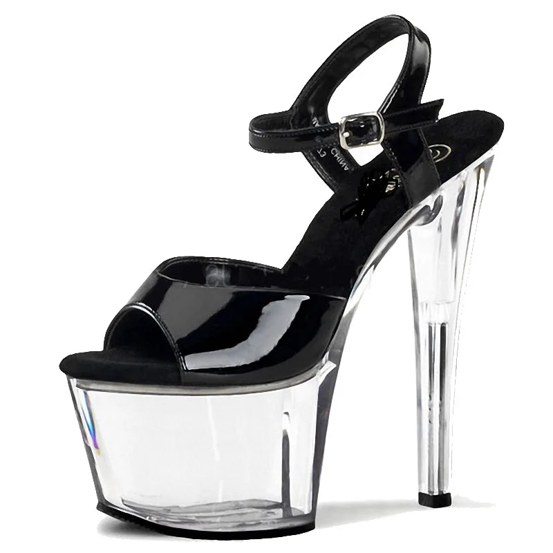 New Black Thin Heel Crystal Platform Women's High Heels 17 cm Pole ...