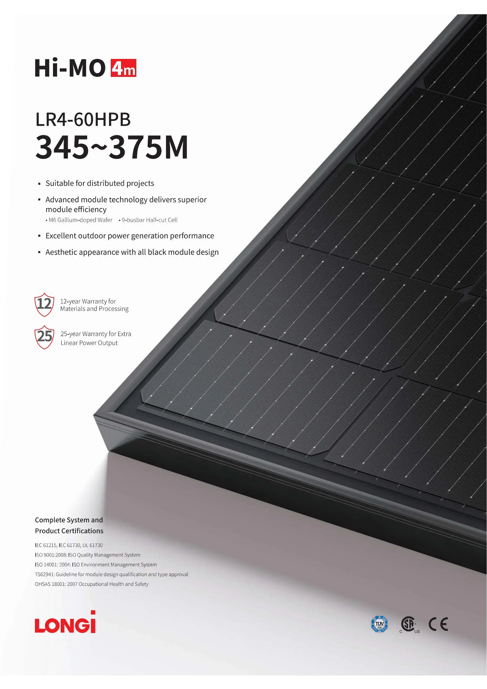 All Black Longi Solar Panel Hi-mo 4m 360w 365w 370w Mono Photovoltaic Solar Module For Rooftop ...