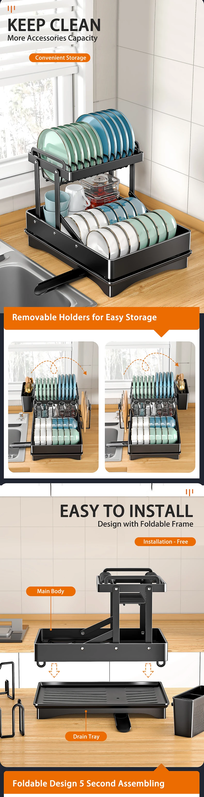 Kitchen Plate Organizer Foldable Expandable Over The Sink Dish Drying ...