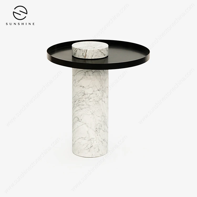 White Marble Base Round Sofa Table Tray,Mid Century Carrara Marble Armchair Cylinder Pillar ...