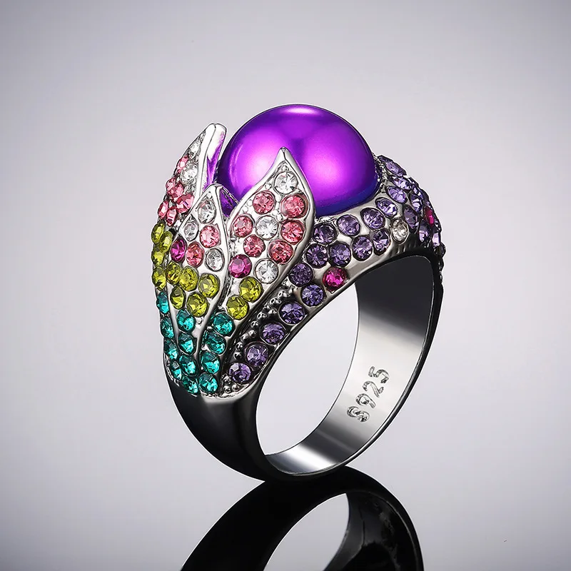 Huitan Vintage Big Lady Full Stone Ring Silver Color Purple Bead ...
