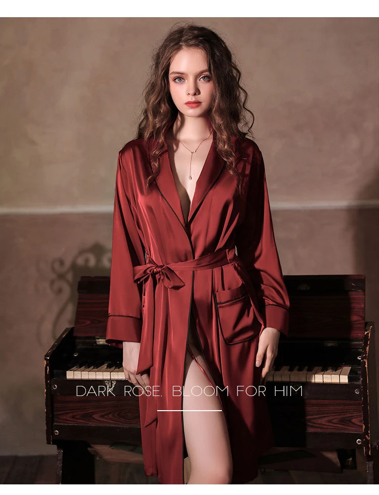 Kimono Robe Contrast Eyelash Pajamas Belted Luxury Long Sleeve ...