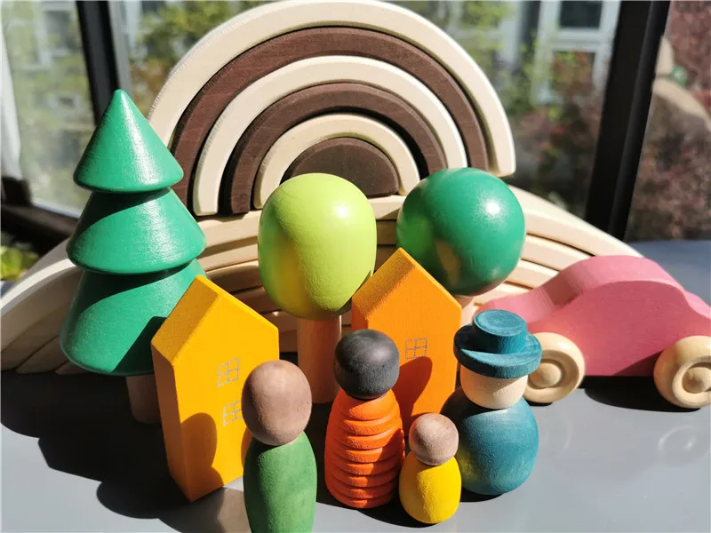 Wood Earth Rainbow Stacking Blocks Trees Cars Building House Wooden ...