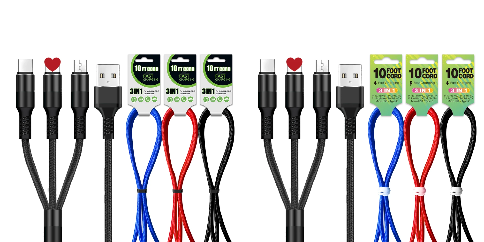 10ft 3 In 1 Usb Charging Cable Multi Phone Charger Cord For Multiple ...