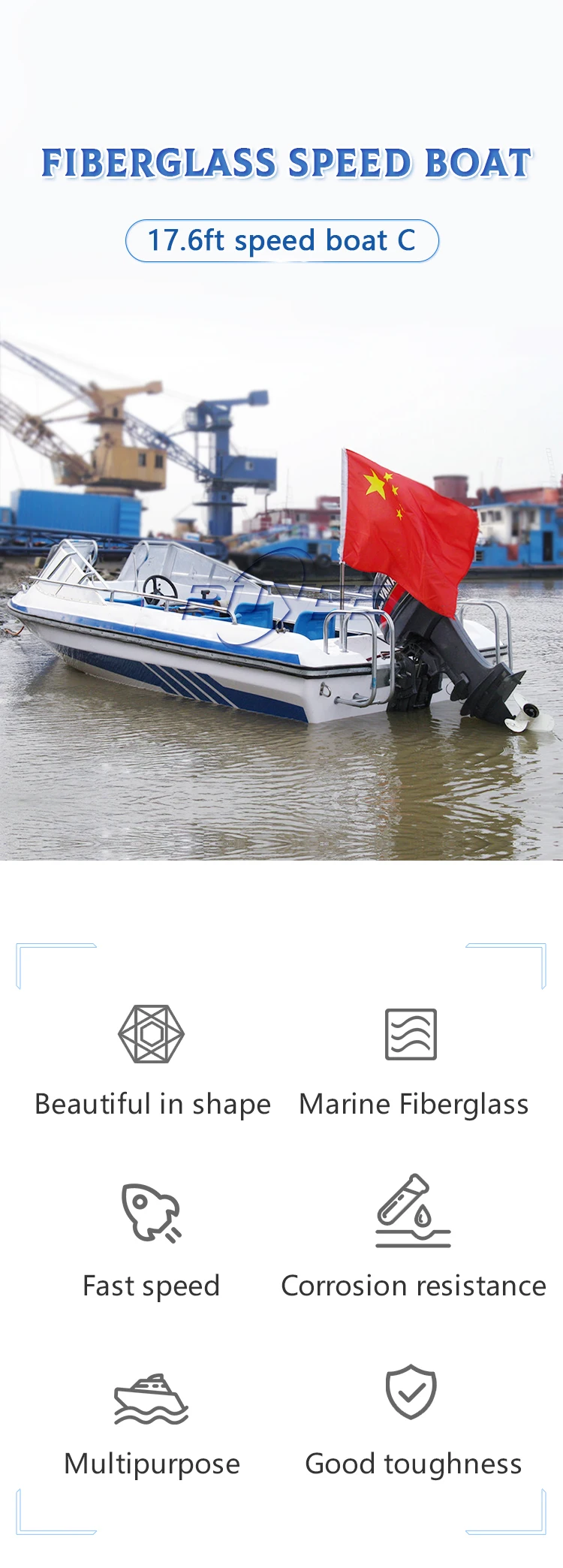 5.38m Fiberglass Gasoline Speedboat Relaxing Fishing Boat Glass Fiber ...