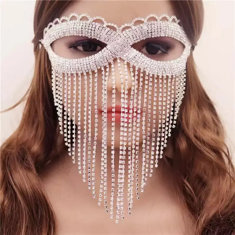 Wholesale Women Rhinestone Face Chains Full Face Cover Long Tassel Head ...