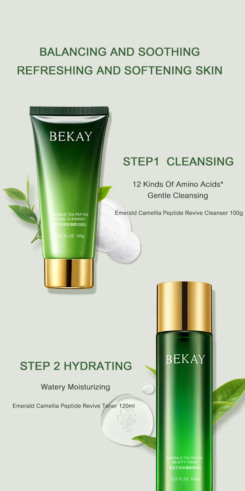 BEKAY Emerald Green Tea Peptide Korean Whitening Facial Skin Care Set ...