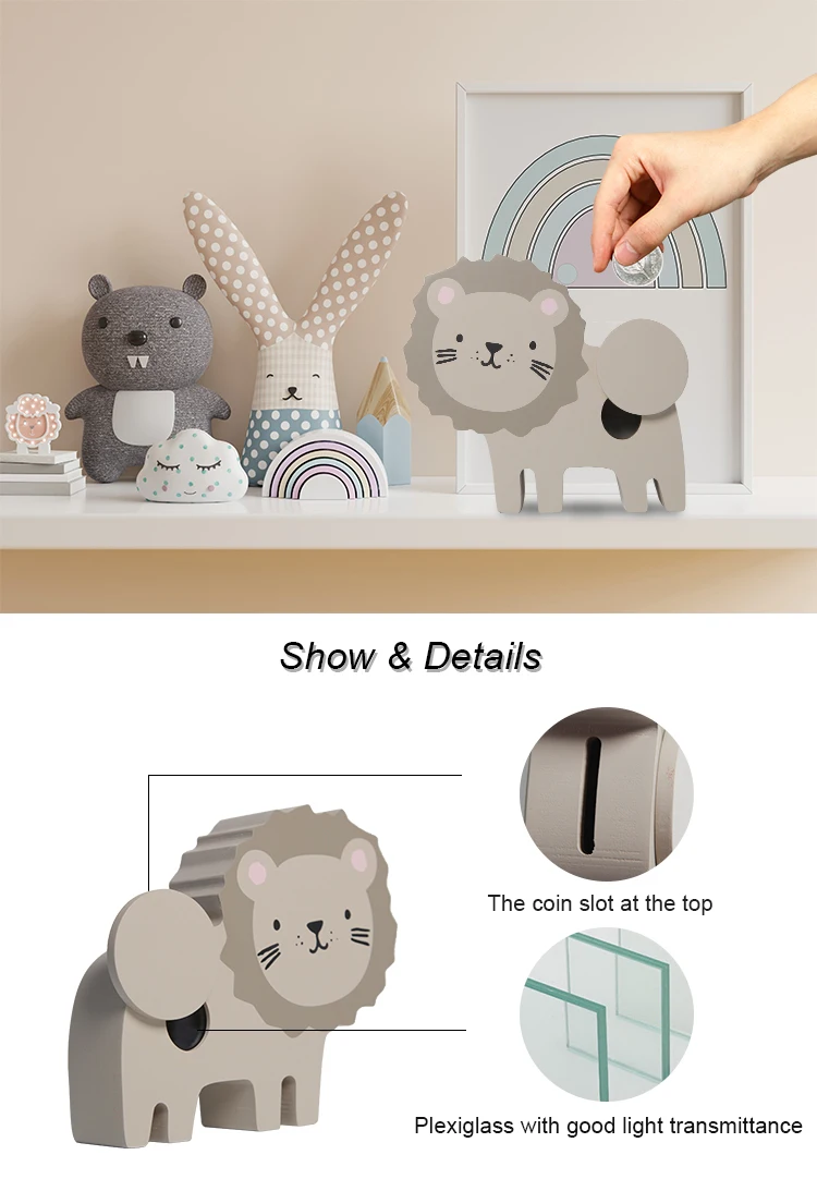 Customized Cute Funny Wooden Lion Kids Piggy Bank Tiger Money Box For ...