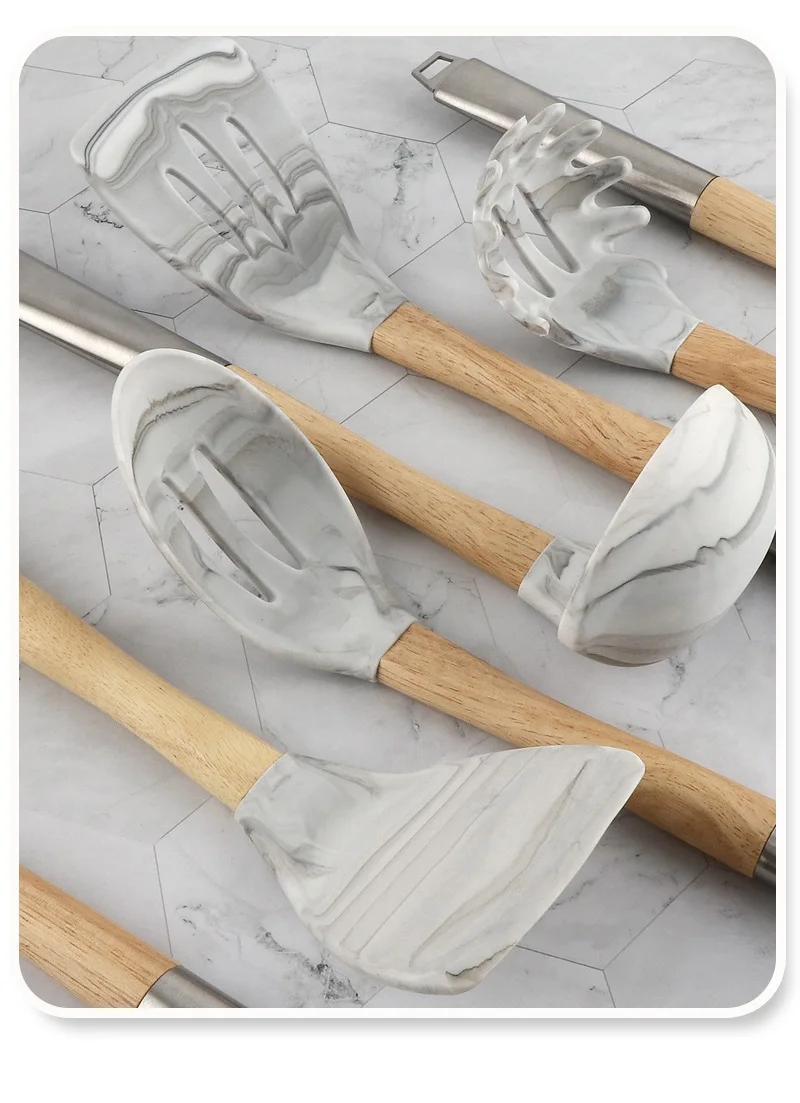 Durable Quality Marble Silicone Cooking Set With Wooden Stainless Steel ...