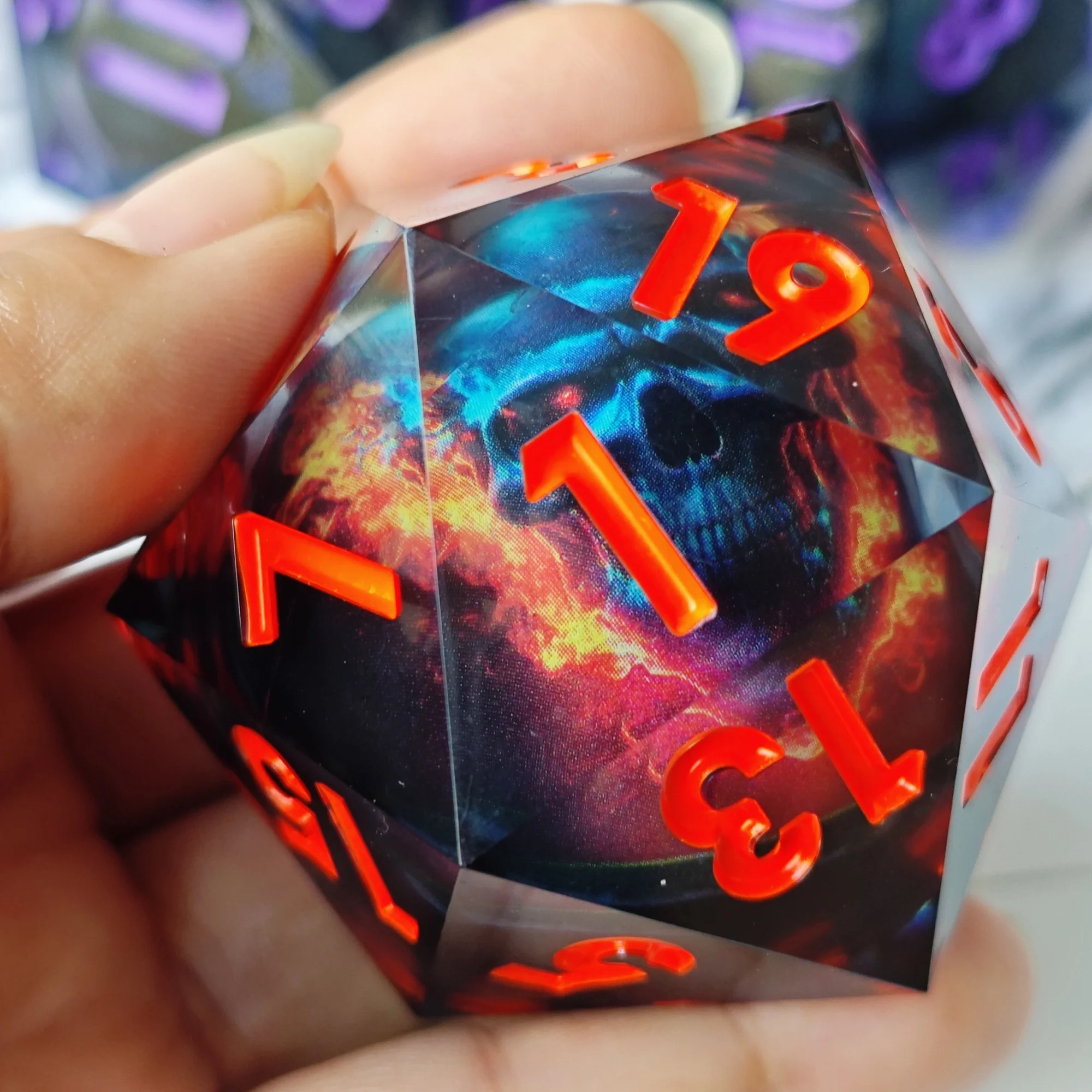 MINI PLANET Flame Skull LED 50mm D20 Dice Handmade Polyhedral Resin Liquid Core D20 Dice RPG DND ...