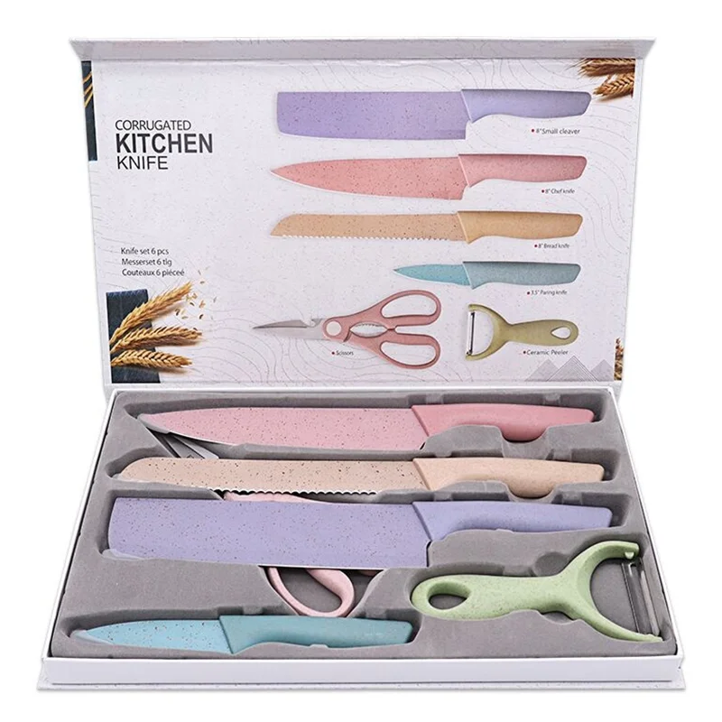 Wheat Straw Pastel Color Kitchen Knives Set 6 Pieces Stainless Steel ...