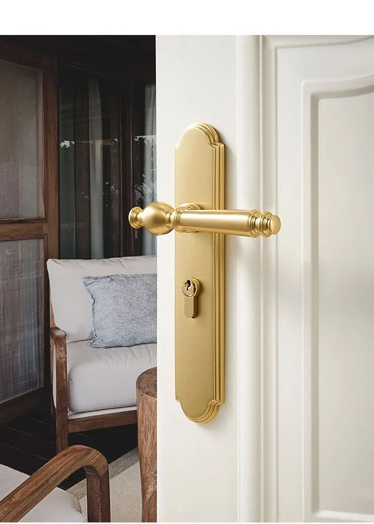 Home Bedroom Siamese Split Brushed Solid Brass Door Handle With Lock ...