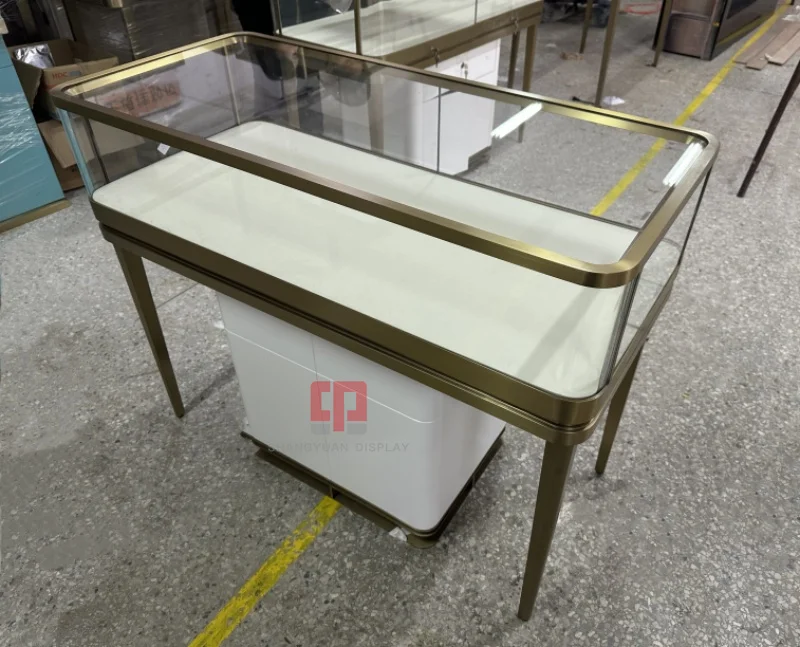 Elegant White Wooden Jewelry Display Showcase Tempered Glass Rounded ...