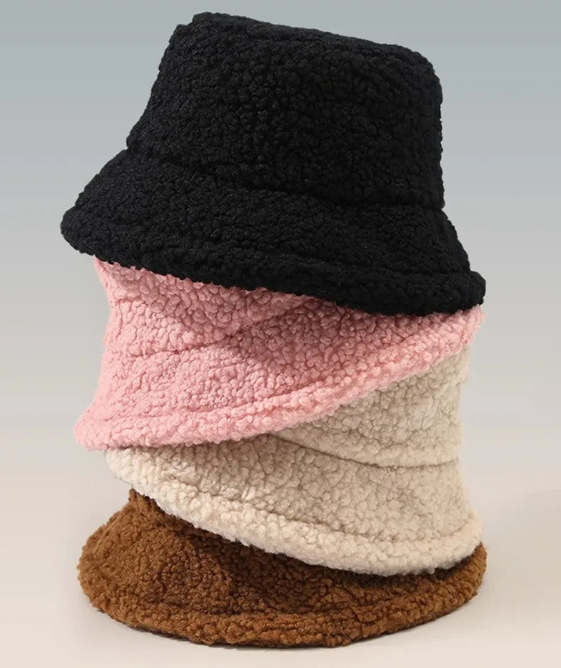 Bucket Hat Lamb Wool Plush Hats Solid Color Wide Brims Caps Fall Winter ...