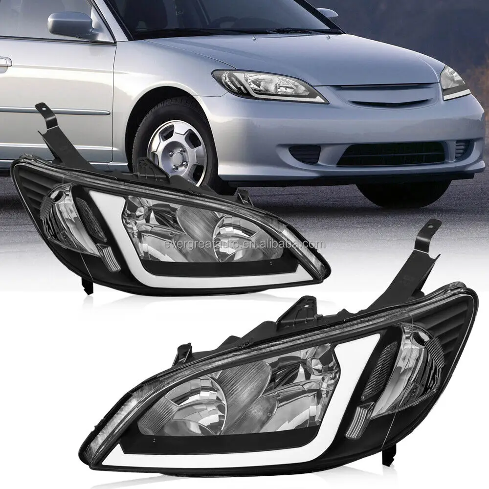Pair Black Led Drl Headlights Assembly For 2004-2005 Honda Civic Front ...