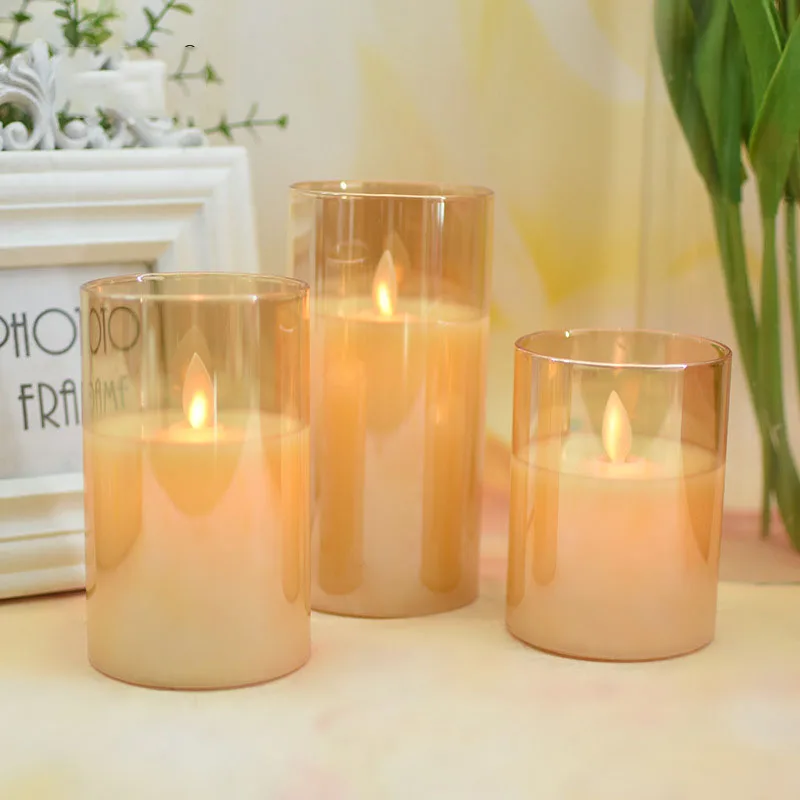 Gray Gold Glass Wax Led Pillar Candle Set Flickering Flameless Battery ...