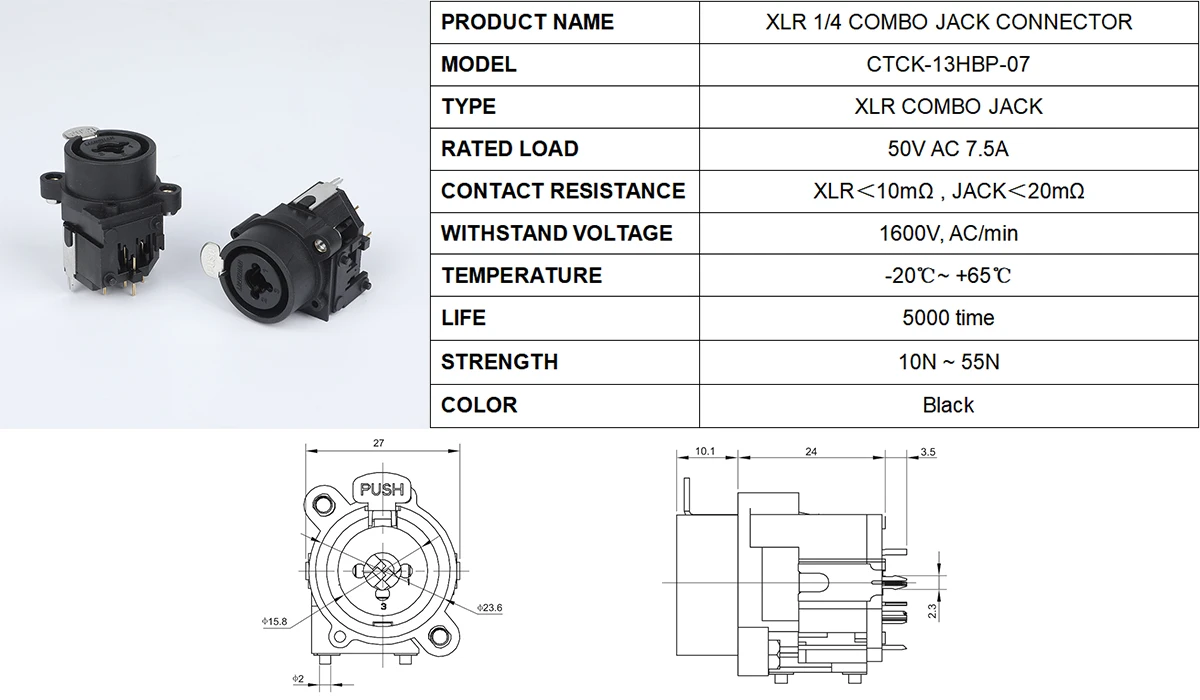 XLR 1/4 Combo Jack Female 7-Pin Brass PCB Mounting Socket Connectors ...