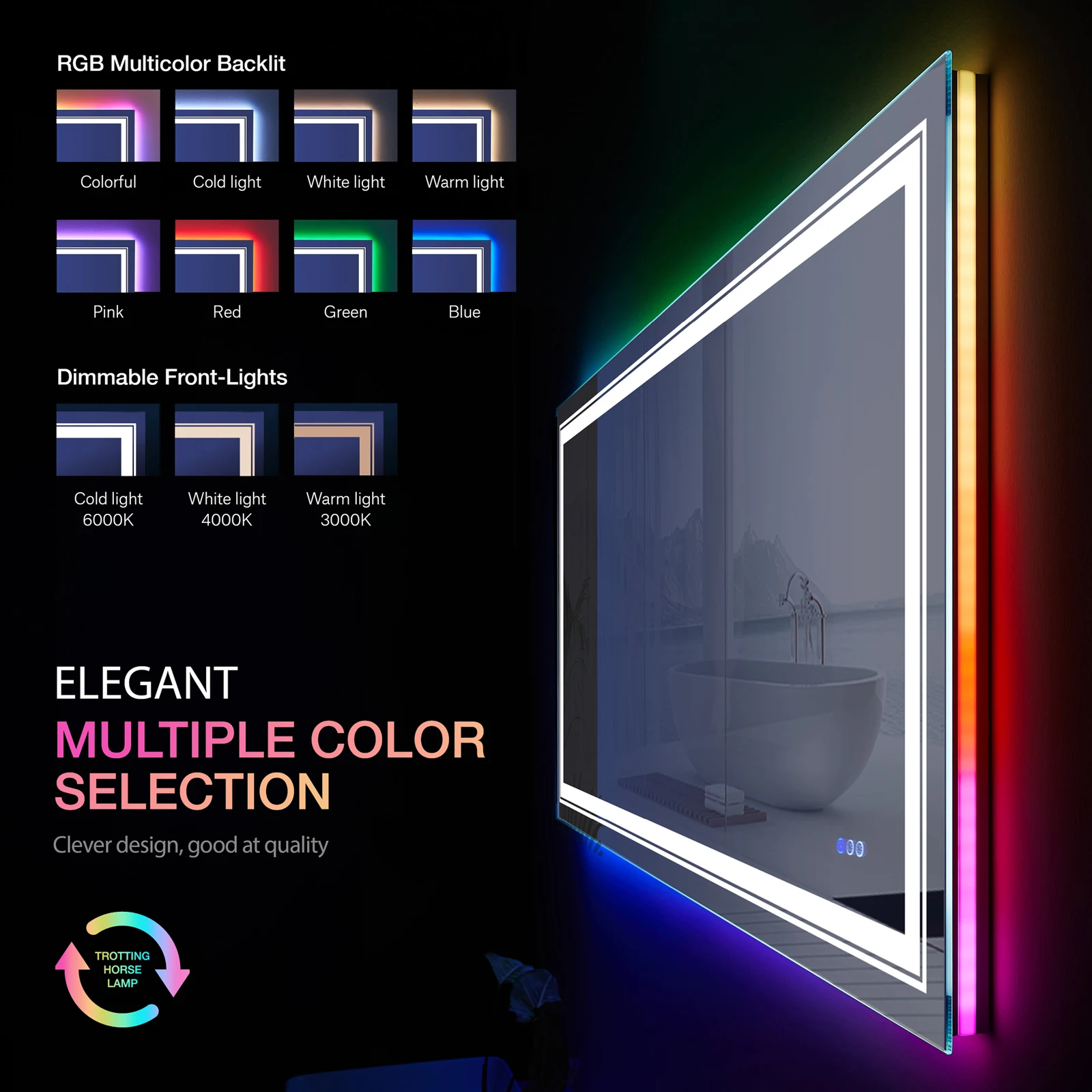 Rectangle Anti-oxidation Mirror Adjustable Lighting Color Bathroom ...