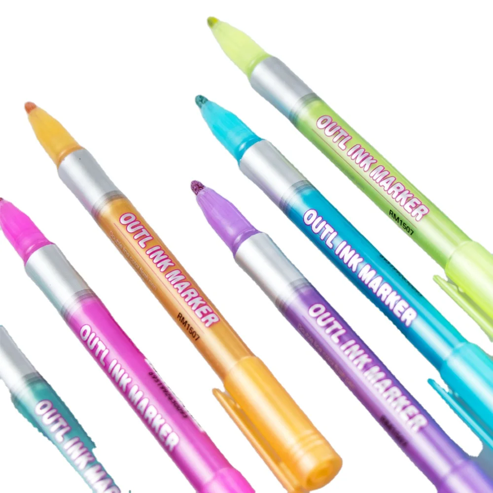 Metallic Color Double Line Outline Highlighter Marker Pen Set Odorless ...
