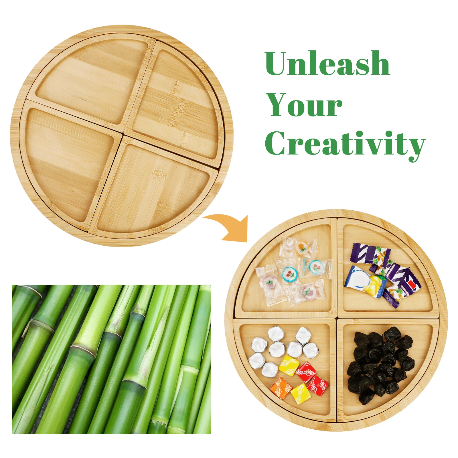 Custom 4 Round Compartments Dry Fruit Divider Snack Wood Bamboo Serving ...