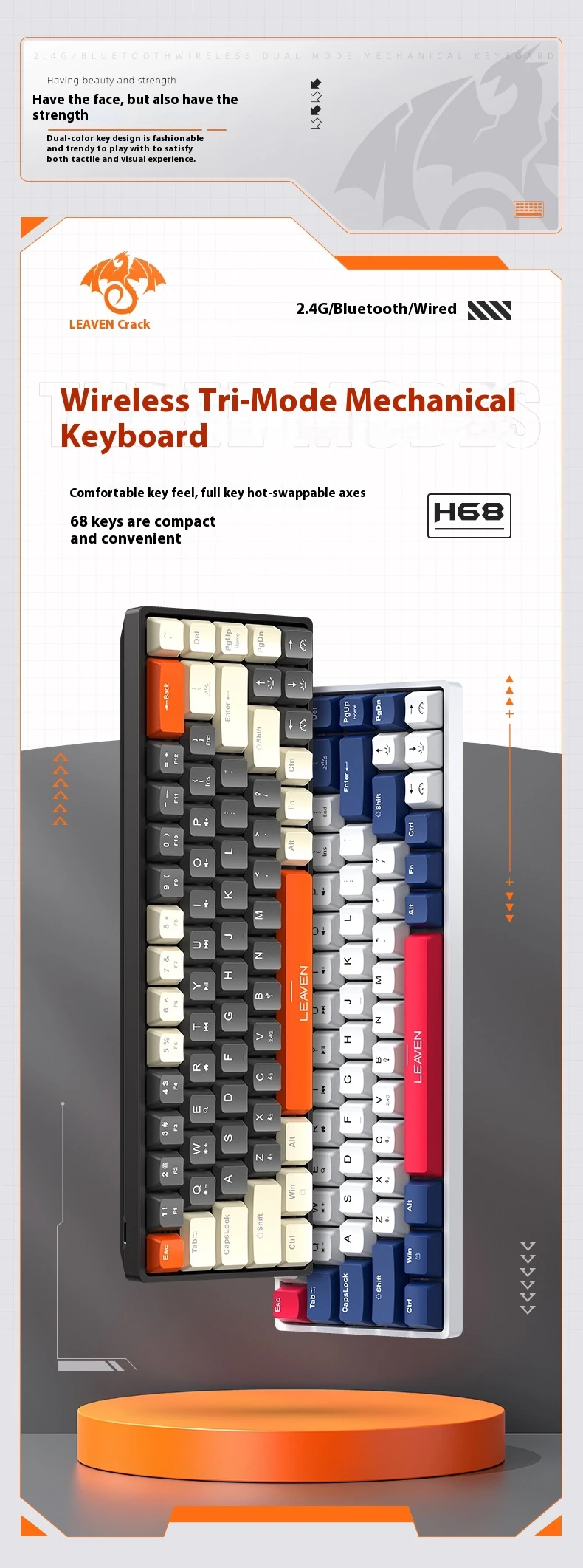LEAVEN H68 RGB Wireless Mechanical Keyboard - 68 Keys Hotswap, 2.4G BT5 ...