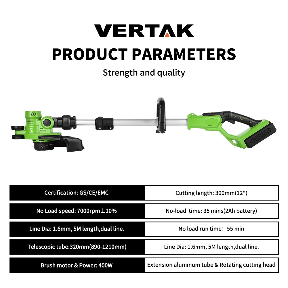 Vertak Cordless 40V Garden Weed Trimmer Machine Telescopic Handle Light ...