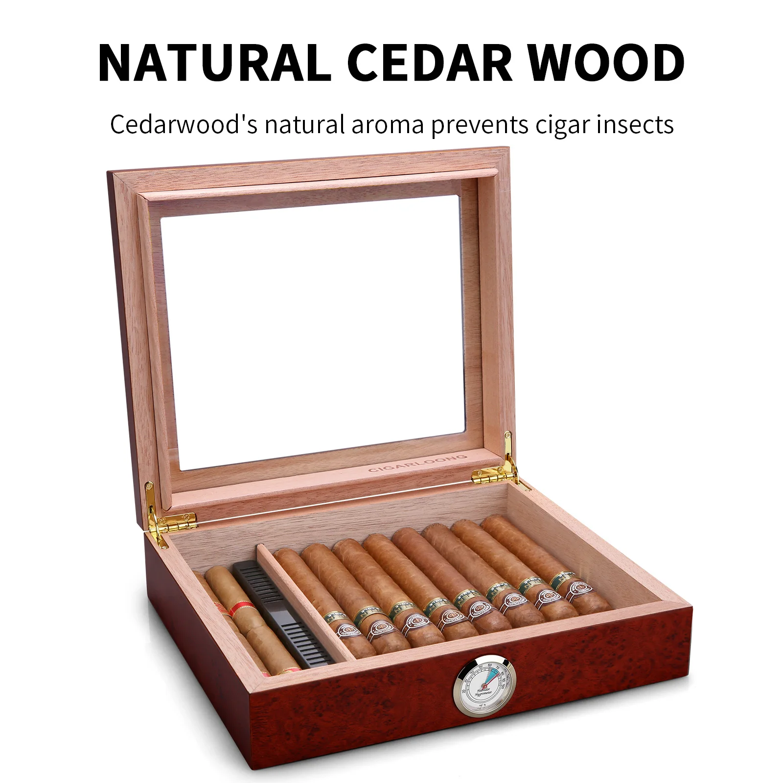 Luxury Cedar Wood Humidor With Built-in Hygrometer,Holds 30 Cigars ...