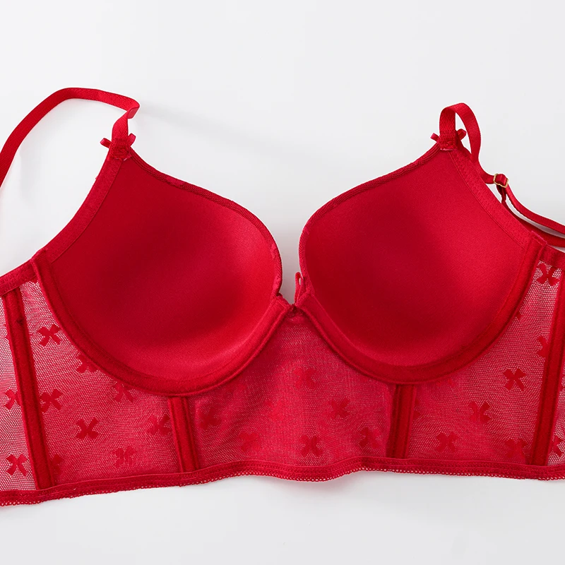 Customized Logo Holiday Red Push-up Bra Set Selling Monsoon Bow ...