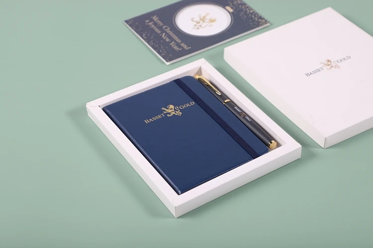 Custom Corporate Diary And Pen Gift Set Logo Gold Foil Business A6 Blue ...