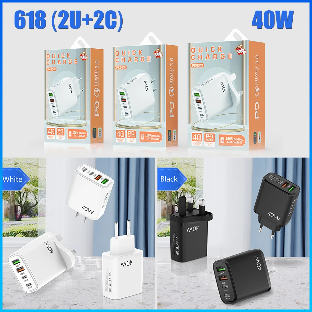 618-40w 2usb+2pd Multi Port Wall Adapters Phone Laptop Charger Eu/us/uk ...