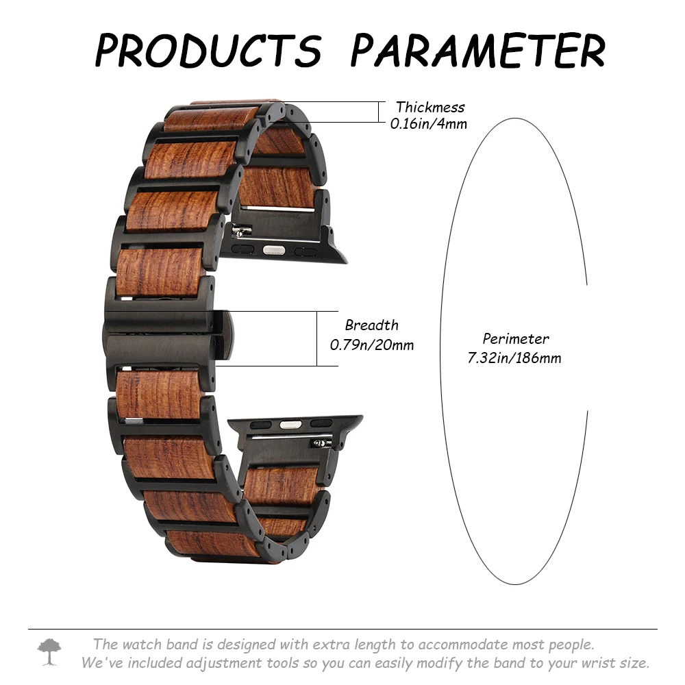 Custom Engraved Wood & Stainless Steel Smart Watch Band