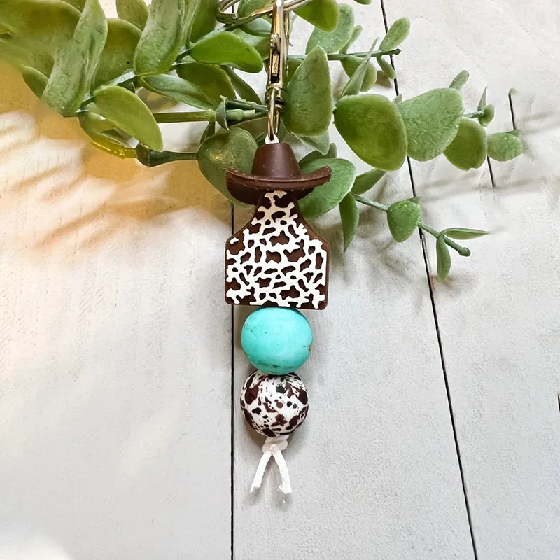 Cute Cowboy Hat and Boot Cow Print Silicone Beaded Keychain