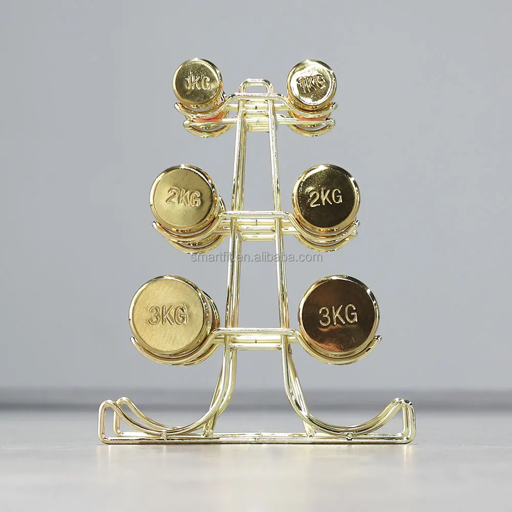 SMARTFIT 12kg Round Golden Steel Dumbbell Sets With Rack 1kg 2kg 3kg ...