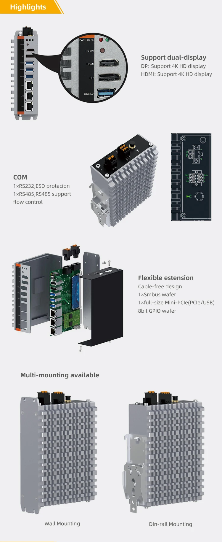 Din Rail 2 Lan Fanless Mini Pc with J6412 Cpu and Win10