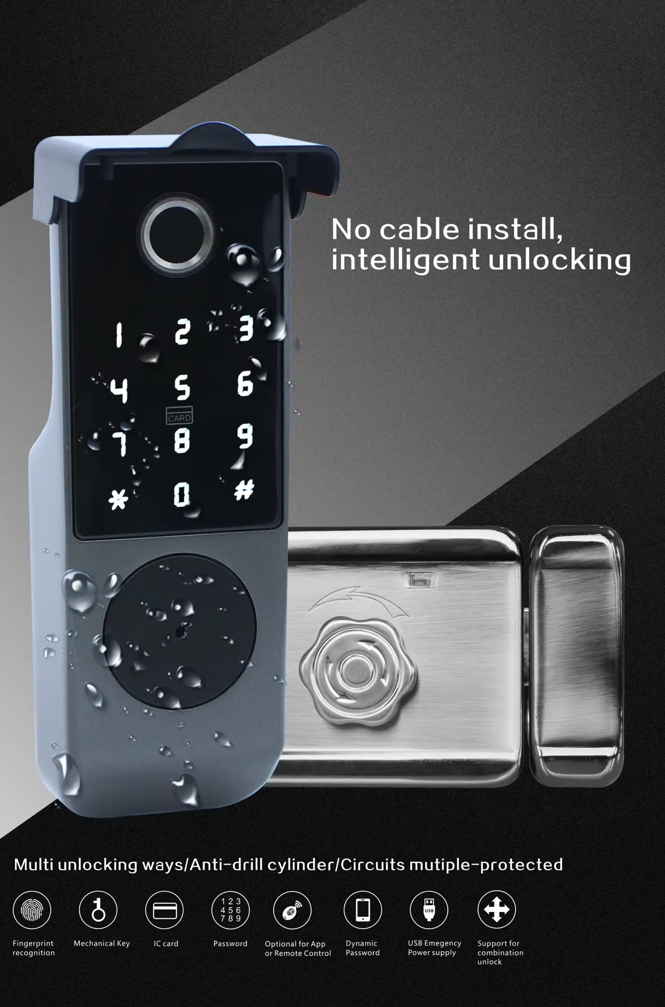 Waterproof Gate Door Electric Rim Lock Digital Smart Fingerprint ...