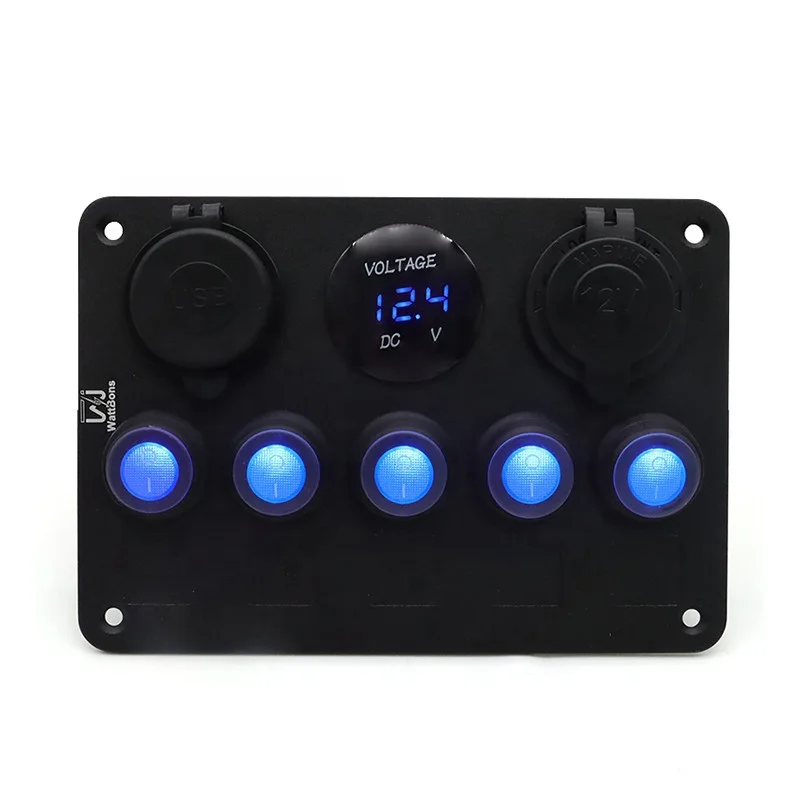 Green LED Illuminated Switch Board Reminnbor 12-24V 5 Gang On/Off ...