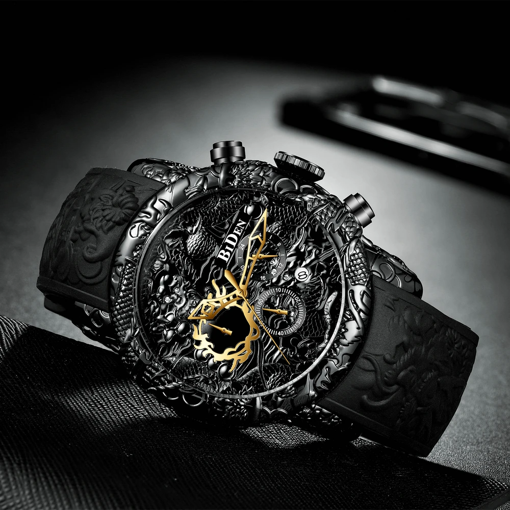 BIDEN Luxury Dragon Skeleton Automatic Mechanical Watches for Men