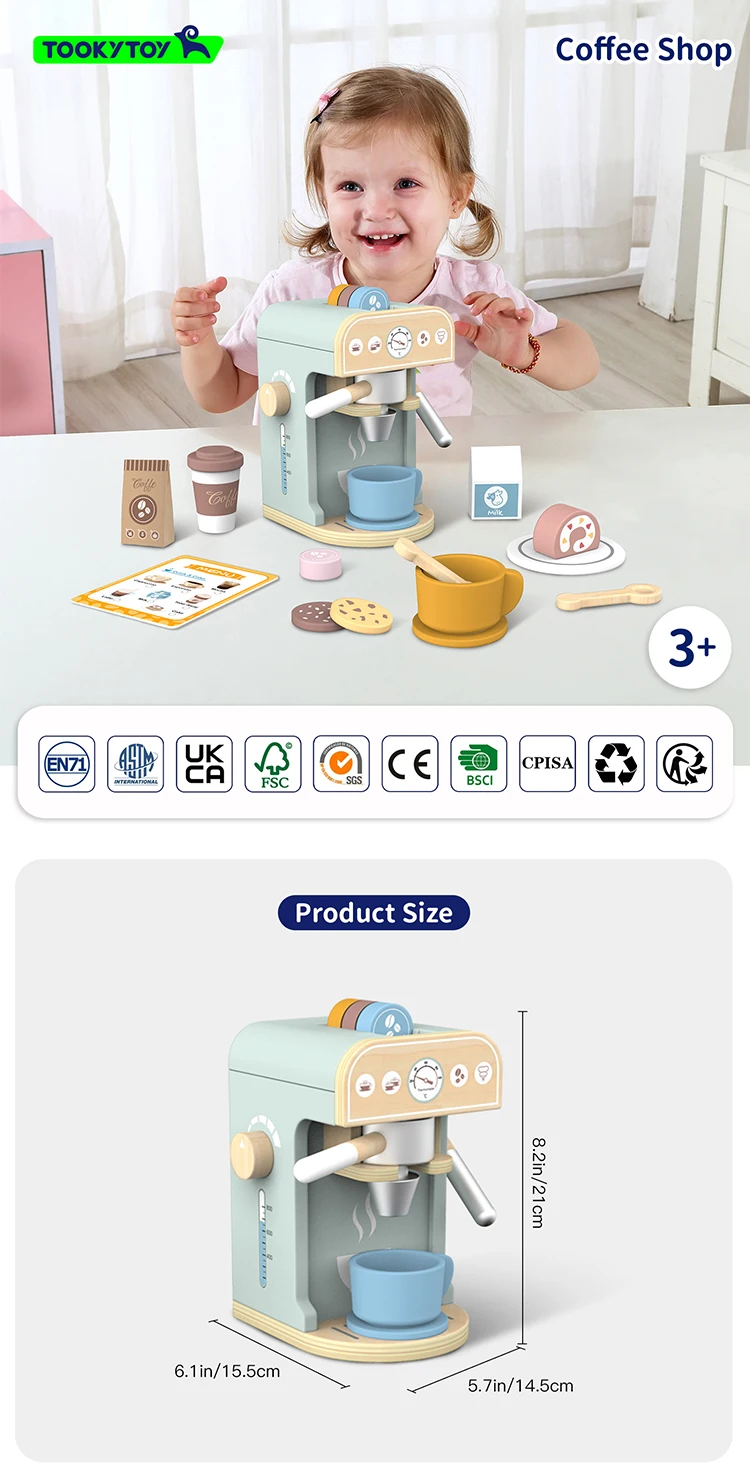 Wooden Pretend Play Coffee Machine Breakfast Bread Milk Set Children's ...
