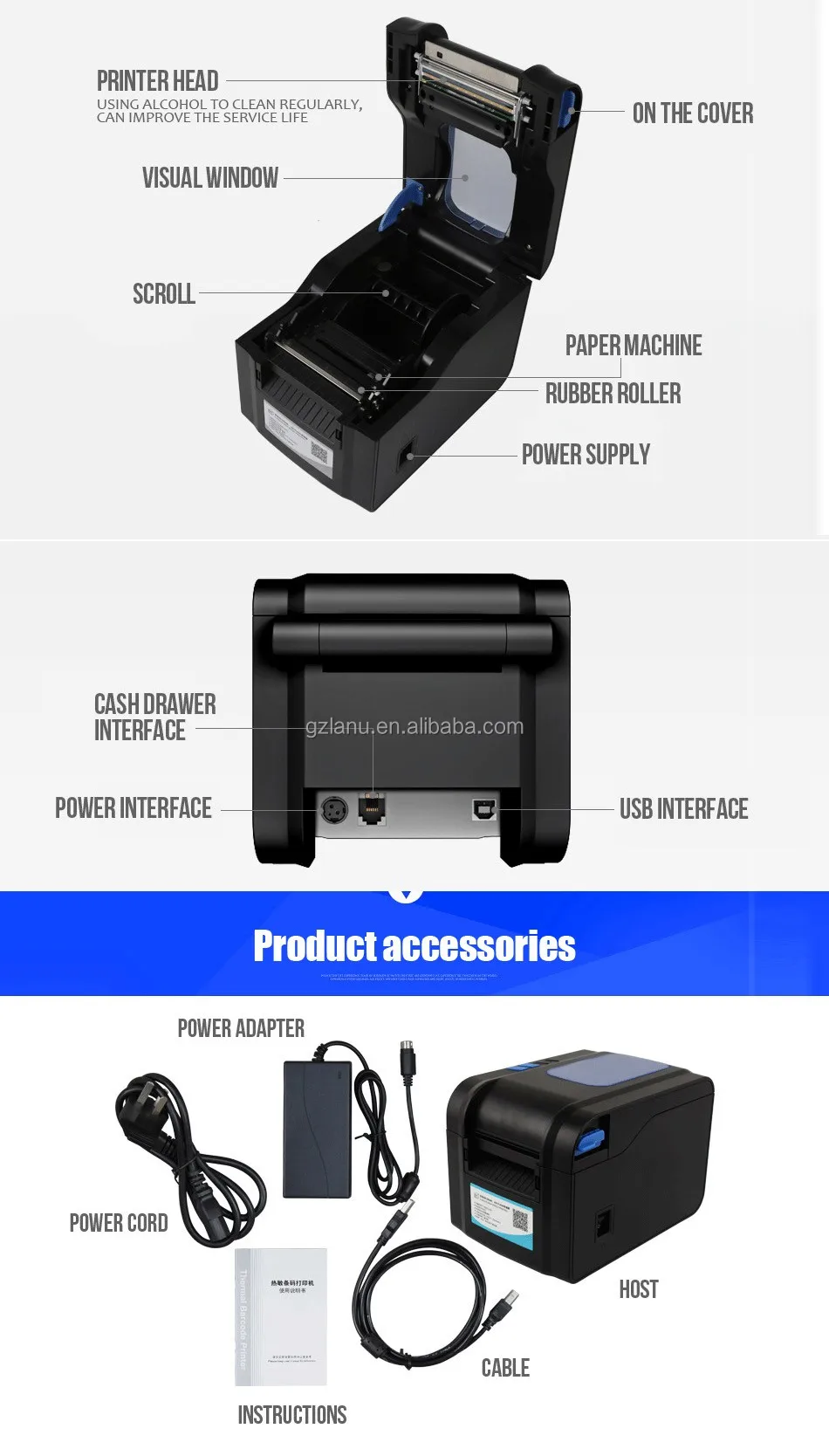 Xprinter XP-370B 370BM 80mm 열 바코드 프린터 블랙 152mm/초 3in1 멀티 포트 스티커 라벨 프린터 ...