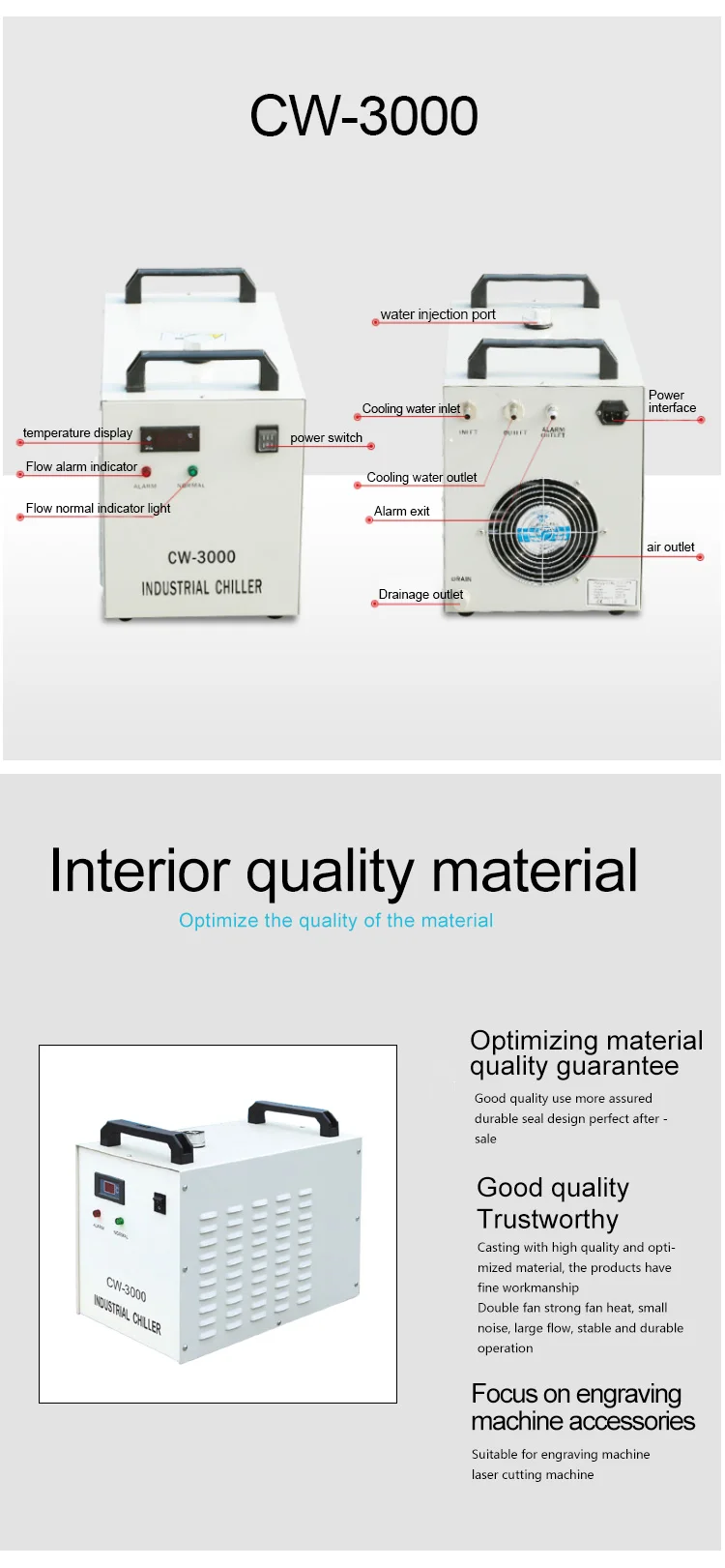 Water Cooled Mini Chiller Cw3000 for 80w Co2 Laser Glass Tube Cooling ...
