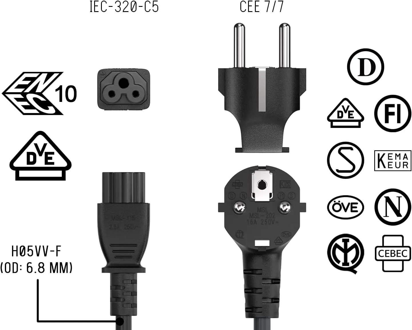 High Quality 3 Pin Ac CEE Power Plug Cable Wholesale Eu to IEC Ac Power ...