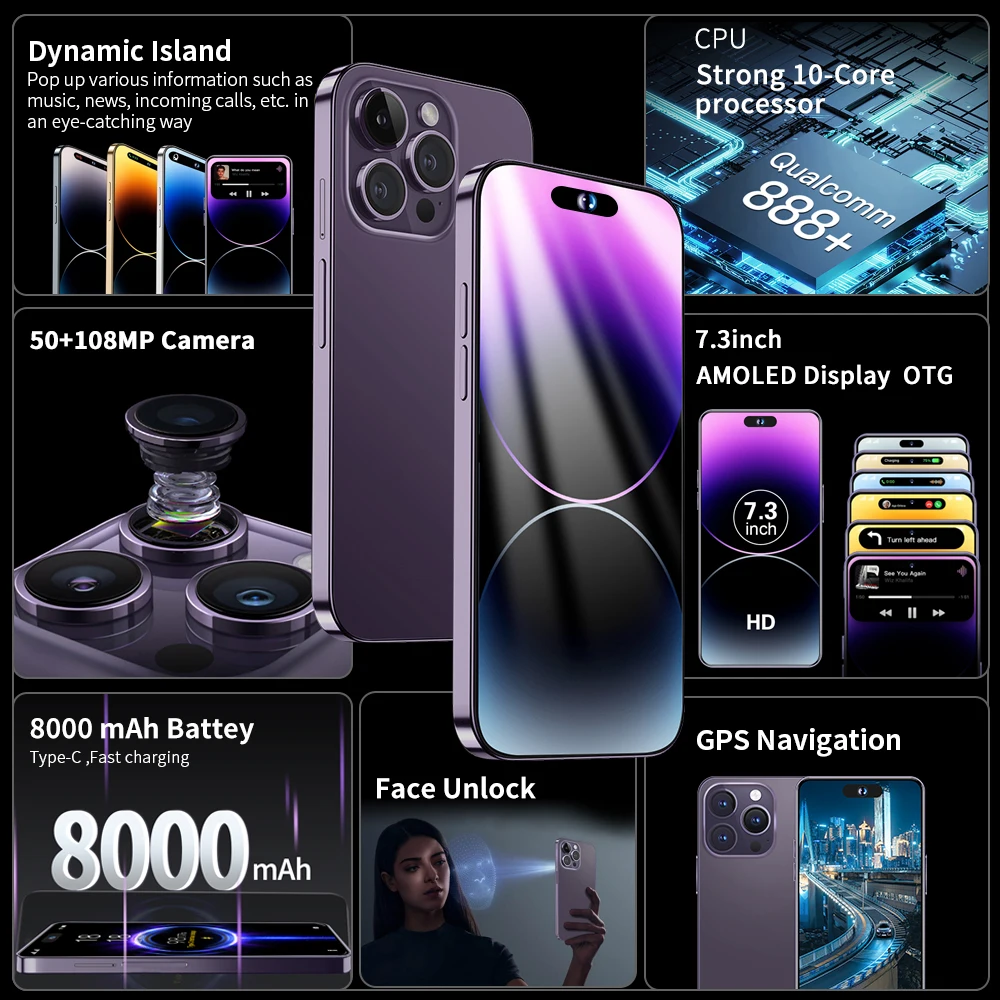 Original 12 Clone I14 Pro Max Celular 2023 New 16gb+1tb Low Price 7inch ...